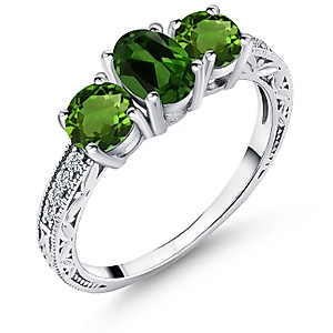 Gem Stone King 925 Sterling Silver Green Chrome Diopside 3-Stone Engagement Ring For Women (1.82 Cttw, Available 5,6,7,8,9) (Size 8)