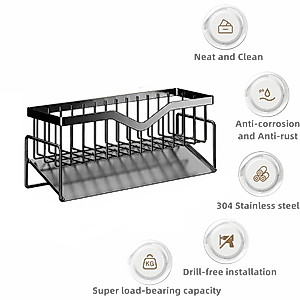 DMJWAN Kitchen Sink Caddy Organizer, 304 Stainless Steel Sponge Holder Sink Caddy with Auto Drain Tray, Holds Sponge, Dish Soap Dispenser, Cleaning Towel, Scrubber, and Utensils