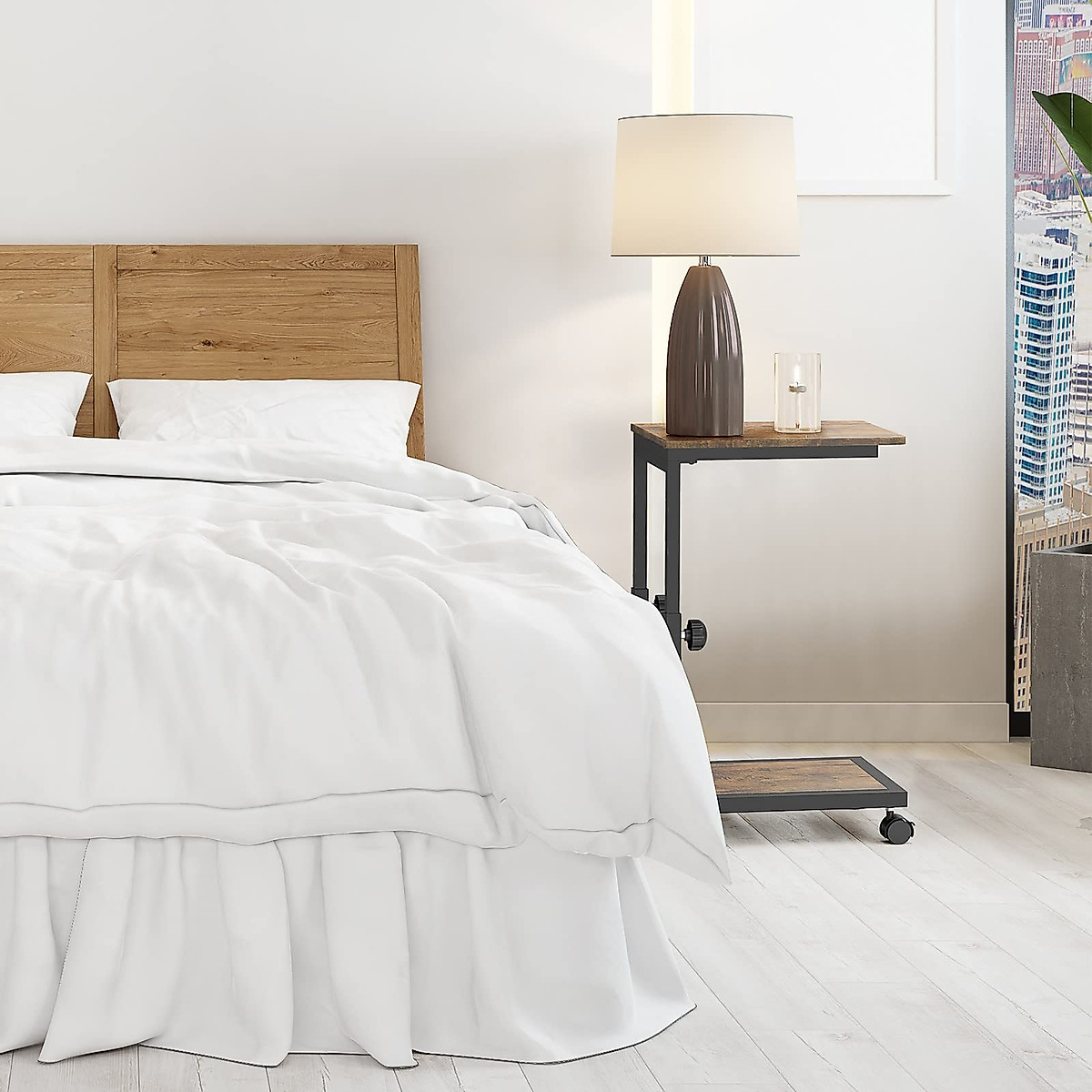 NATFAIRY C Shaped End Table with Rolling Wheels, Height Adjustable Sofa Side Table for Small Space Bedroom, Industrial TV Tray Couch Table Cart for Living Room, Retro Brown & Black