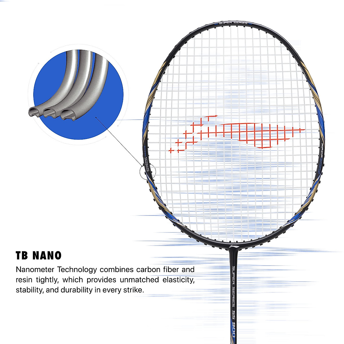 Li-Ning Carbon Fibre Super Series 900 Strung Badminton Racket with Full Cover (84 Grams, Black/Blue)
