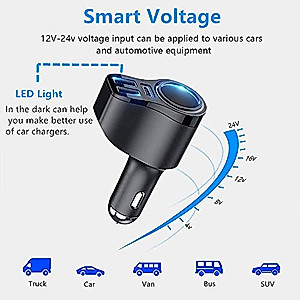 4 in 1 USB C Car Charger, 48W Multi USB Cigarette Lighter Adapter, Socket Splitter with 3 USB Ports, 12V/24V Dual USB Type C PD Fast Car Charger Adapter for iPhone 14/13/12/11,iPad,Samsung,LG,GPS