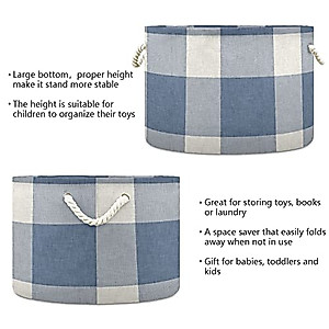 xigua Rustic Blue Plaid Storage Basket, Collapsible Round Toy Storage Bin, 20 x 14 Inches Laundry Basket with Handles, for Bedroom Living Room