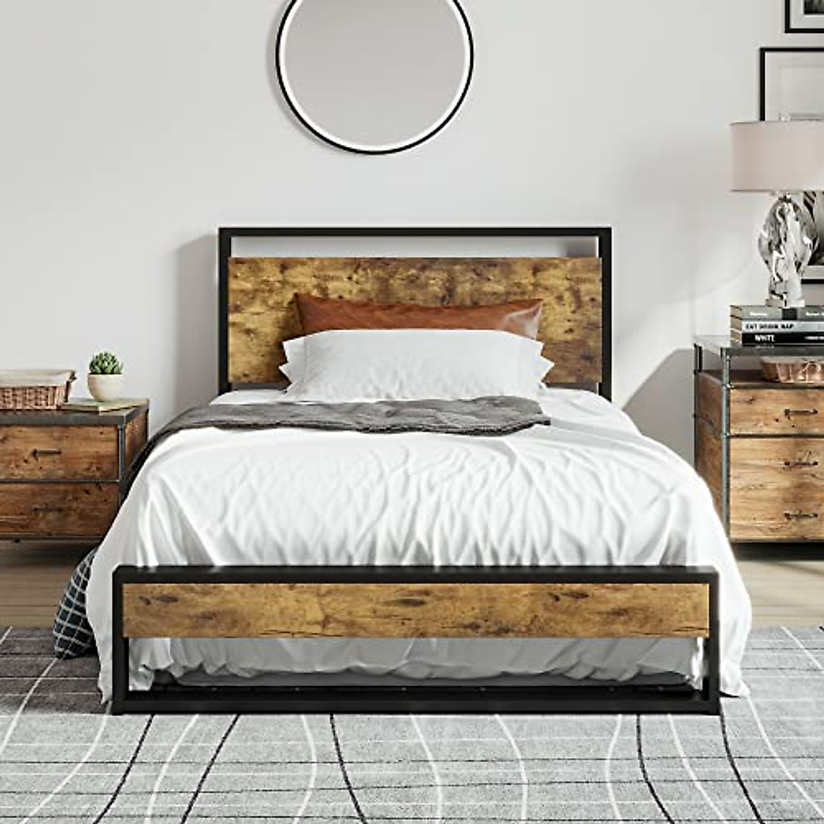 SHA CERLIN Twin Bed Frame with Wooden Headboard, Heavy Duty Metal Platform Bed, Single Platform Bed for Kids, No Box Spring Needed, Easy Assembly, Rustic Brown