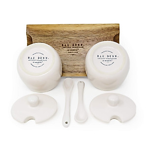 Rae Dunn By Magenta HOLD KEEP 5 Piece Ceramic LL Condiment Pots Container Jars Set With Lids Serving Spoons & Wood Tray 2020 Limited Edition