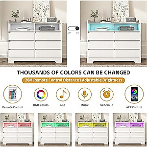CIPACHO White Dresser for Bedroom,Modern 6 Drawer Dresser with LED Light and Open Shelf,Wide Storage Chest of Drawers,Bedroom Storage Furniture