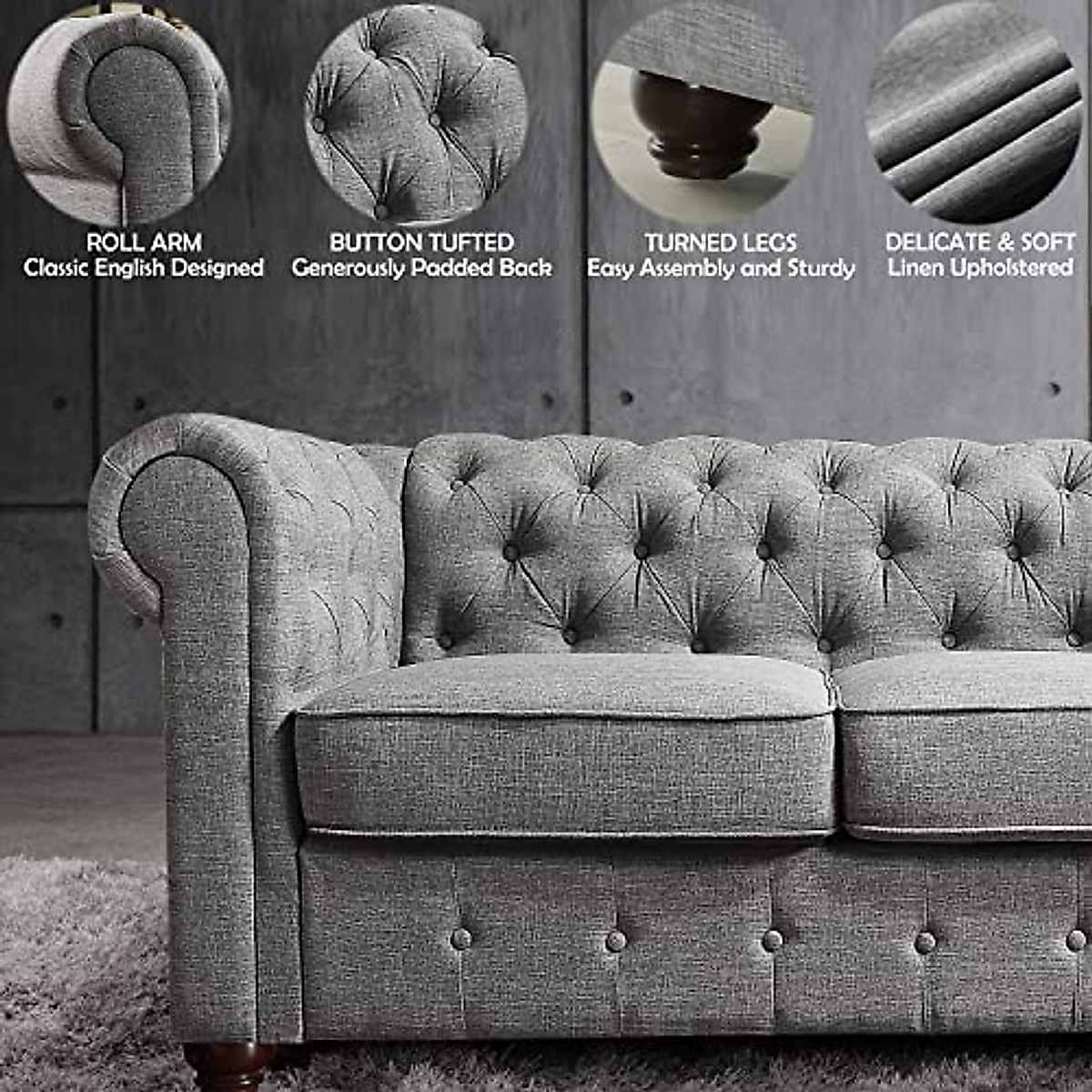 Rosevera Genevieve Upholstered Fine Polyester Collection Tufted Loveseat Couch, Contemporary Chesterfield Armrest,Sectional Sofa for Living Room Apartment, 3SEAT, Linen Gray 3SEAT