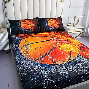 Roscloud Sports Basketball Sheets Sets Full Size - 3PC Ice Flame Galaxy Basketball Boys Fitted Sheet（Fitted Sheet*1 Pillowcases*2）