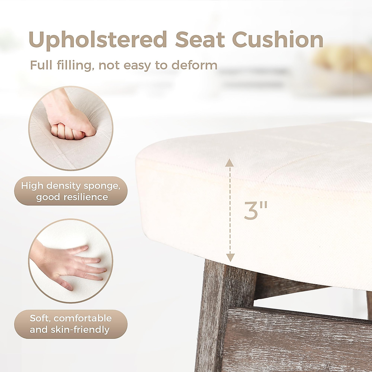 MAISON ARTS Counter Height Bar Stools Set of 2 for Kitchen Counter Solid Wood Legs with Fabric Saddle Seat Farmhouse Barstools for 34"-38" Counter Island Upholstered Stools, 24in, Creamy White