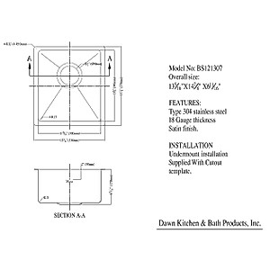 Dawn BS121307 Undermount Single Bowl Bar Sink, Polished Satin