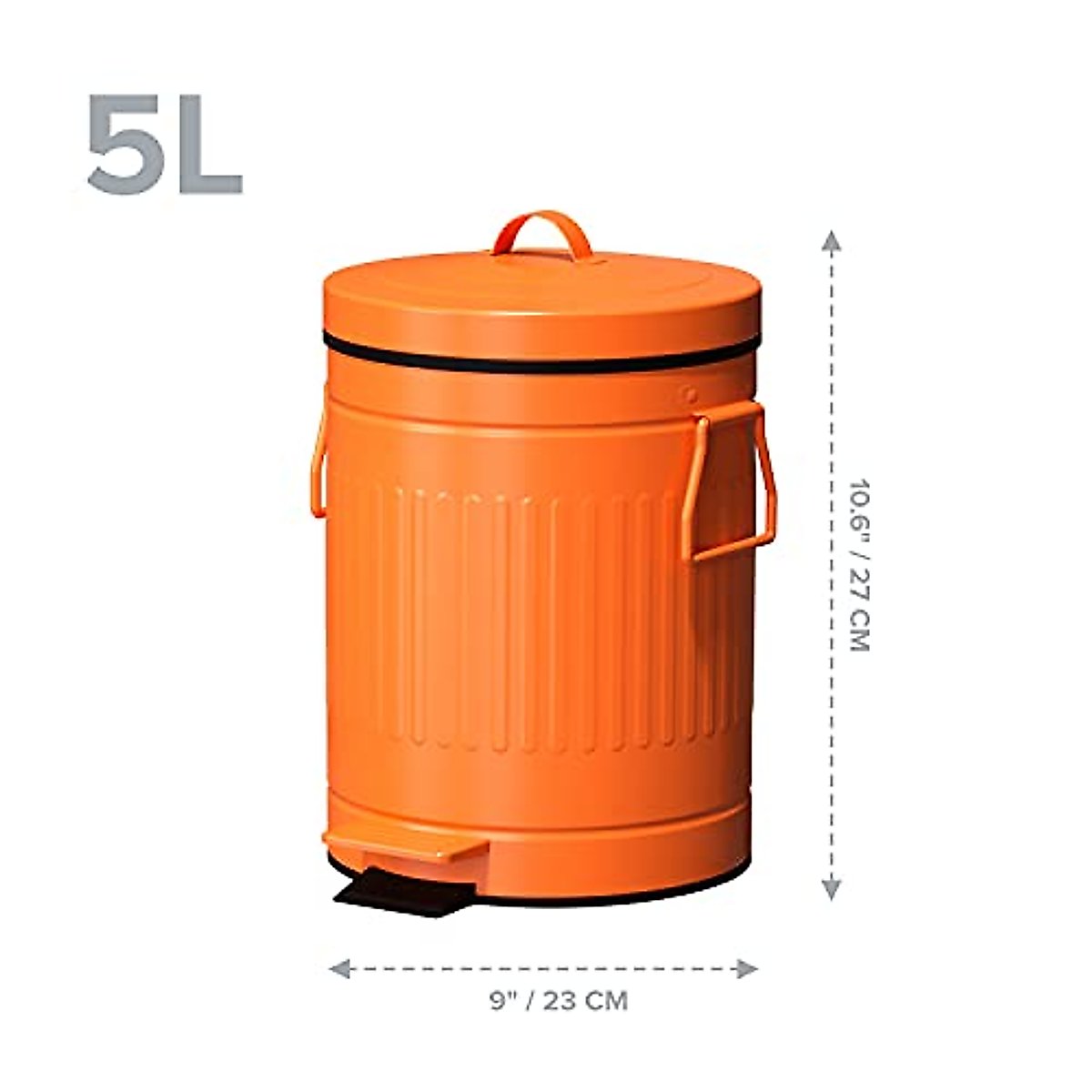 Retro Trash Can with Lid - 5L/1.3Gal Step Trash Can w/ Soft Closing Lid - Round Garbage Can w/ Handles - Touchless Trash Can w/ Removable Garbage Guard Bucket - Outdoor Garbage Can - Large Trash Bin, Orange