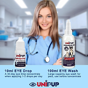 UNIPUP Dog Eye Wash 3.38 fl. oz and Eye Drops 0.34 fl. oz Set for Dogs and Cats to Flush and Soothe Eye Irritations, Dog Tear Stain Cleaner, for Allergies, Mucus, Irritation and Weepy Eyes
