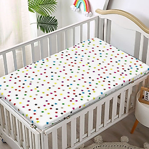 Stars Themed Fitted Mini Crib Sheets,Portable Mini Crib Sheets Soft and Breathable Bed Sheets-Baby Crib Sheets for Girl or Boy,24“ x38“,White Multicolor