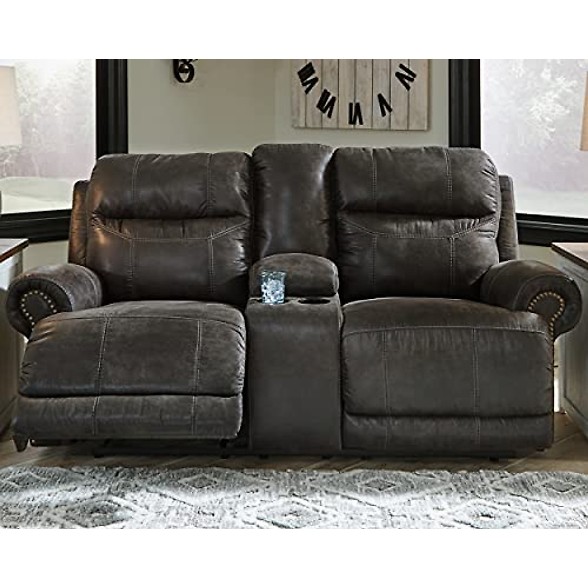 Signature Design by Ashley Grearview Power Reclining Loveseat with Console & Adjustable Headrest, Dark Gray
