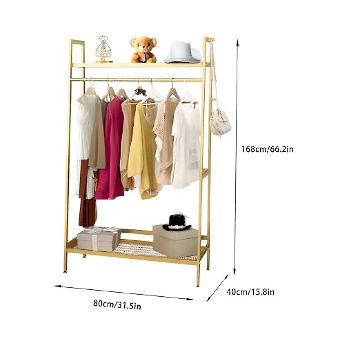 Garment Rack and Clothes Rack: Chic Gold Heavy-Duty & Stylish Clothing and Garment Rail with Double Layer Storage Shelf for Clothes, Shoes, and More. Perfect for Bedroom, Office, or Living Room.