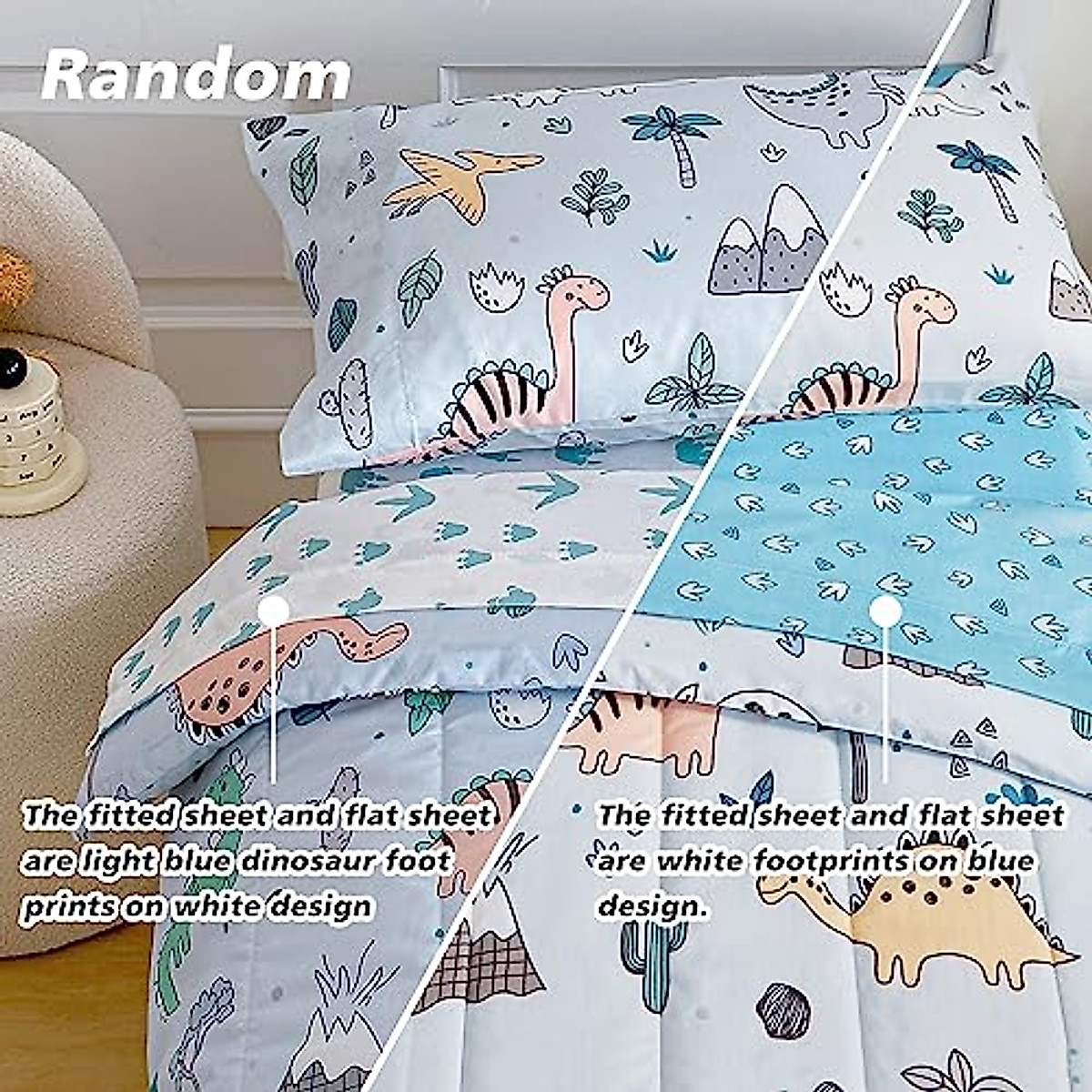 Joyreap 4 Piece Toddler Bedding Set, Cute Dinosaur on Light Blue, Ultra Soft Microfiber Toddler Comforter for Kids Boys Girls, Includes Quilted Comforter, Fitted Sheet, Top Sheet, and Pillow Case