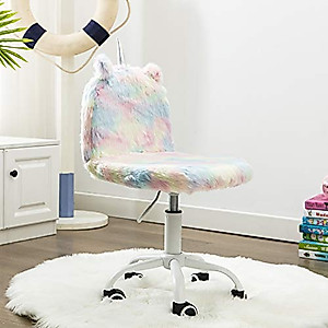 DM Furniture Cute Fuzzy Kids Chair Funny Rolling Study Desk Chair Colorful Girls Vanity Swivel Chair with White Foot