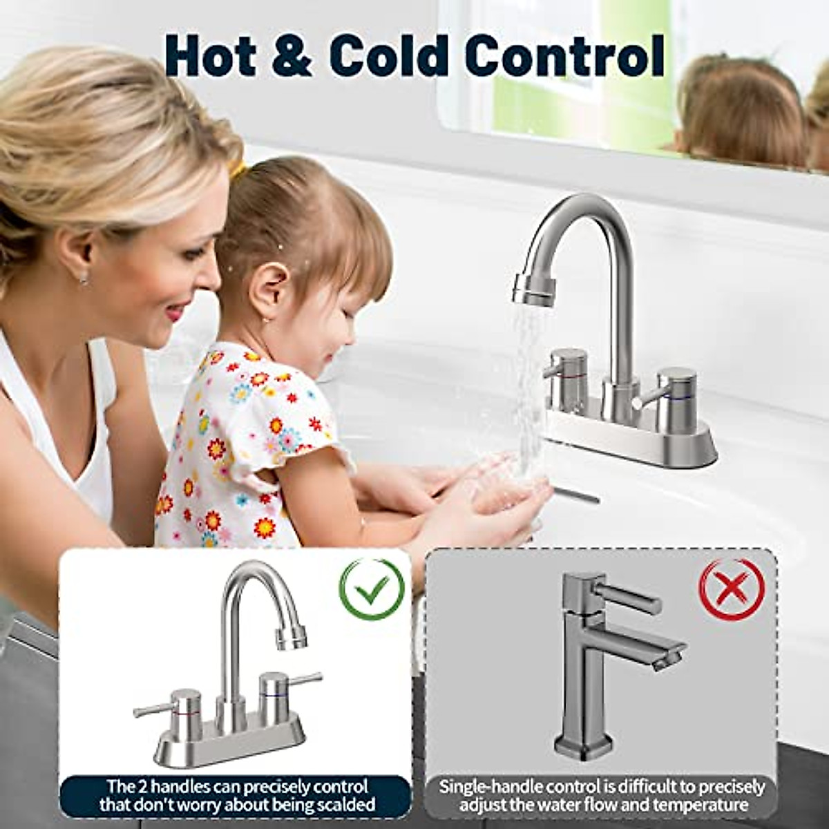 yeulluey 360 Swivel Spout Bathroom Sink Faucet with 2 Water Supply Lines, Brushed Nickel Lead-Free Bathroom Faucets Stainless Steel 4 Inch 2 Handle Centerset Faucet for Bath Basin 2 3 Hole