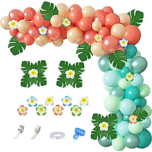 Ouddy Party Tropical Balloon Garland Arch Kit, 12"10"5" Rose Gold Blush Blue Balloons Artificial Palm Leaves Plumeria for Magic Theme Birthday Party Supplies Baby Shower Hawaii Luau Party Decorations
