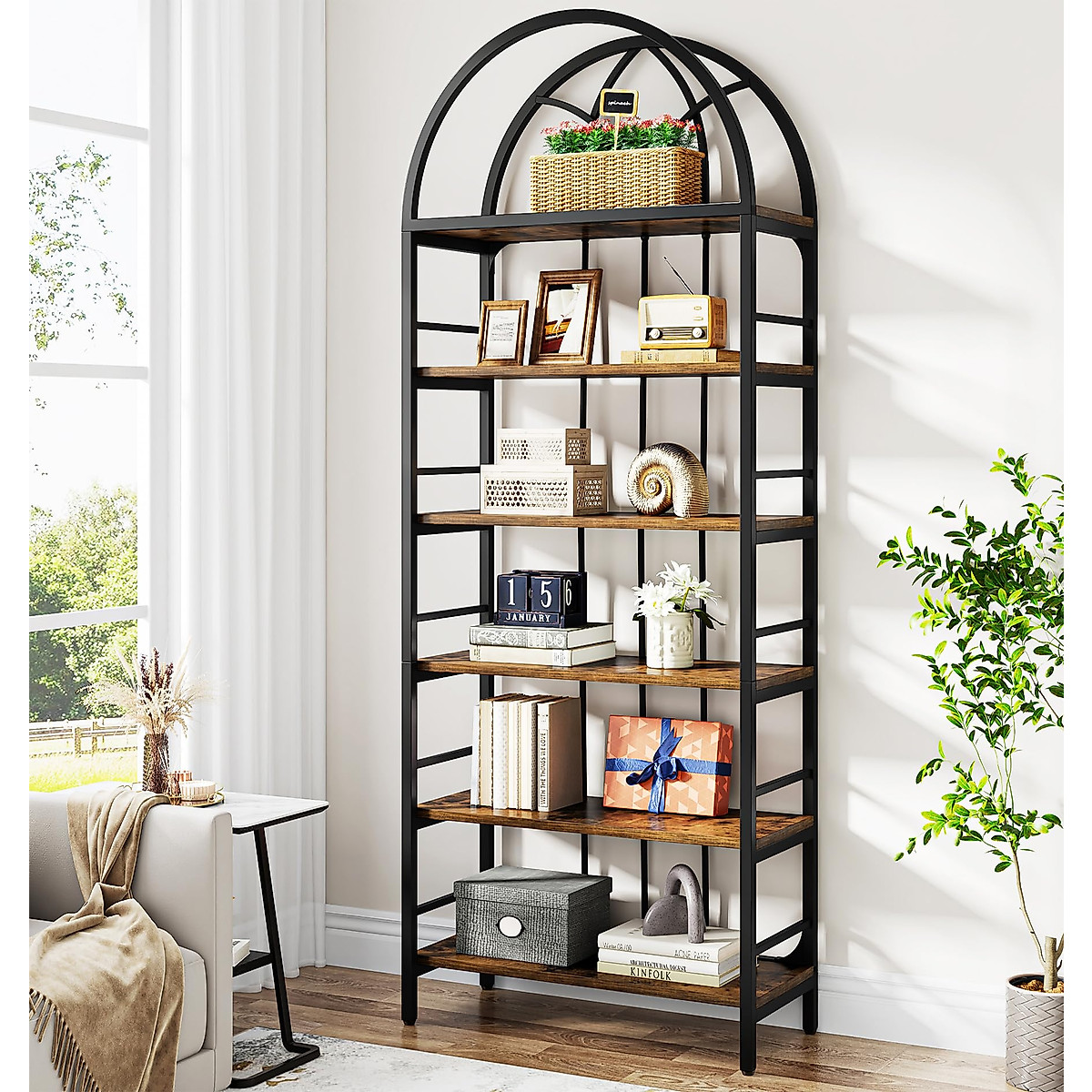 Tribesigns Bookshelf, 6-Tier Tall Arched Bookshelves, 78.7" Industrial Metal Open Bookcase and Bookshelves, Free Standing Storage Shelving Unit for Home Office, Living Room and Bedroom