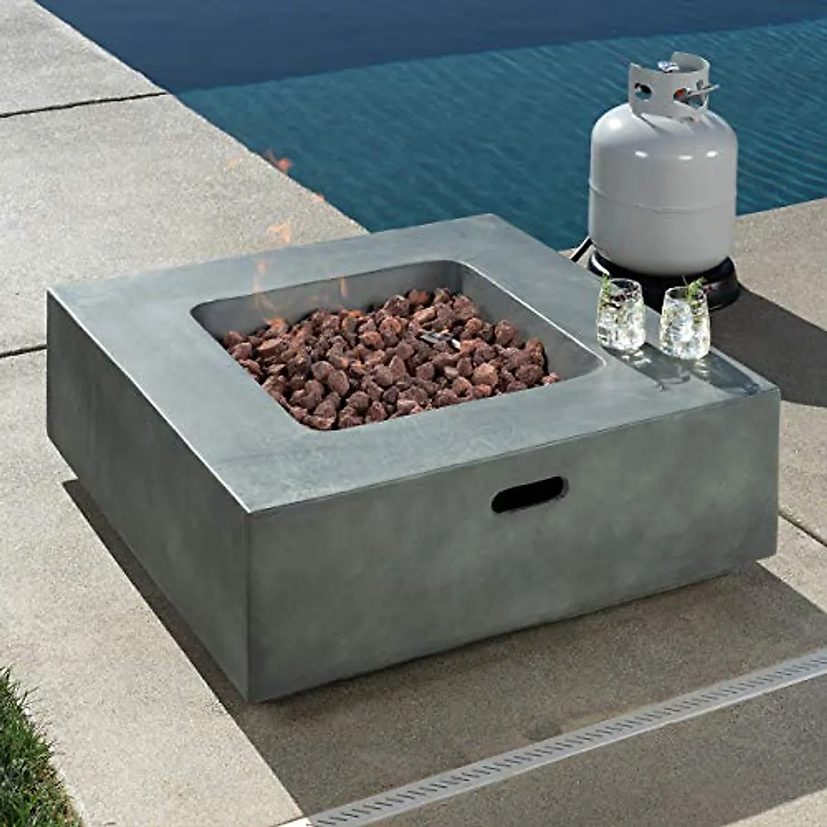 Propane Fire Pit - Outdoor Patio - Fire Pit Table - Stainless Steel Burner Patio Heater with Lava Rocks - 35-inch Square - Slate Gray Green 50,000 BTU - by Royal Garden