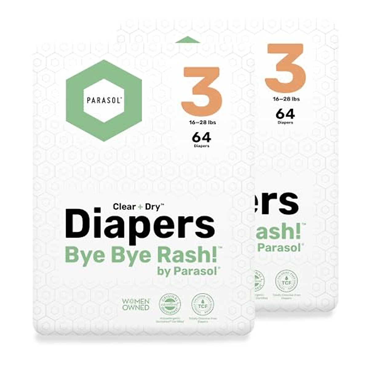 PARASOL Clear+Dry Disposable Diapers, RashShield Protection, Leakproof Design, Hypoallergenic, Size 3 (16-28 lbs), 128 Count