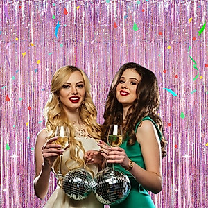 Anwyll Pink Metallic Foil Fringe Backdrop Curtains,2Pack Tinsel Curtain Party Streamers Photo Backdrop for Birthday Decoration,Glitter Pink Backdrop for Wedding Graduation Bachelor Party Decorations