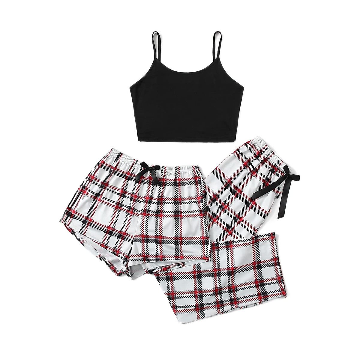 GORGLITTER Women's 3 Piece Plaid Pajamas Pants Set Cami Top with Shorts Loungewear Sleepwear Black White and Red Medium