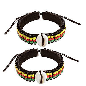 Novarena 2 Pcs Jamaican Rasta Beads with Cowrie Shells Bracelets for Men Women Beaded Bracelets Multi Layer Stackable Ethnic Tribal African Traditional (2 Pcs Jamaican Rasta Beads with Cowry Shells)