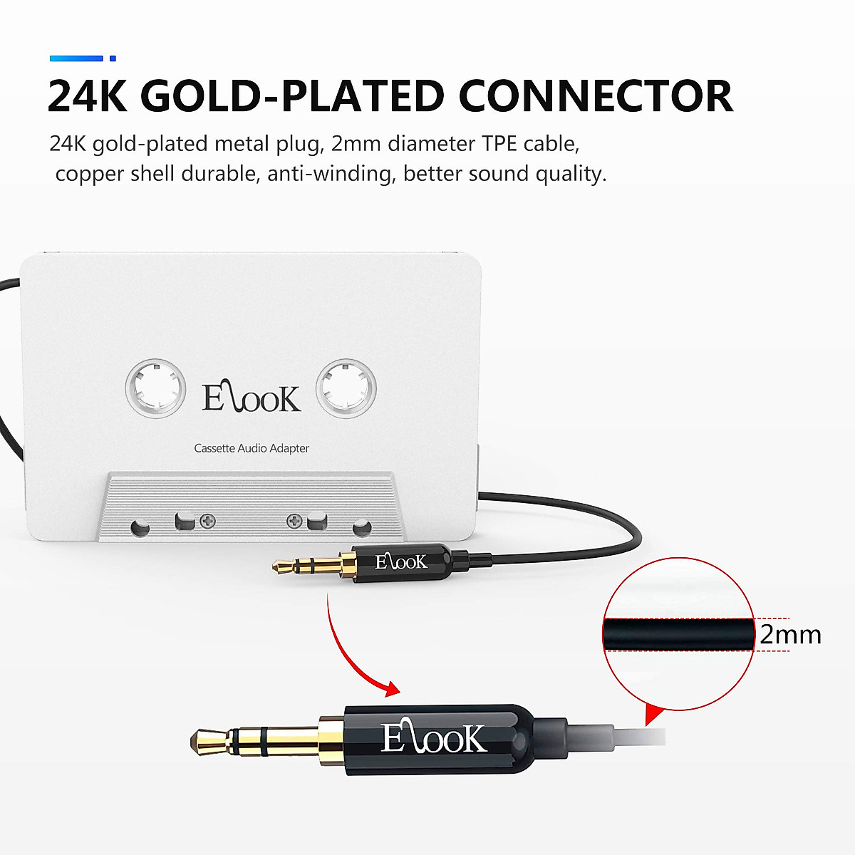 Elook Car Cassette Aux Adapter, 3.5mm Universal Audio Cable Tape Adapter for Car, Phone, MP3 ect. White
