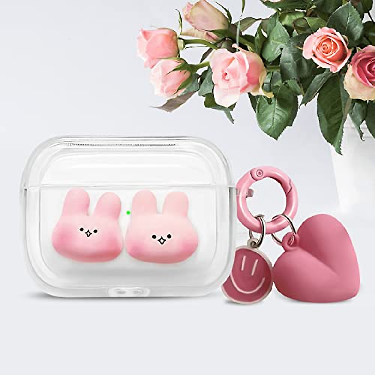 Woyinger Airpods Pro Case Cover with Keychain,Cute Kawaii Cartoon 3D Stereoscopic Pink Rabbit Head Clear Soft TPU Full Protection Shockproof Charging Case Cover Airpods Pro Case.
