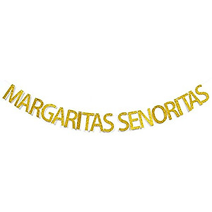Margaritas Senoritas Gold Glitter Banner, Prestrung Mexican Fiesta Party Supplies