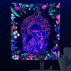 AACKart Blacklight Skull Tapestry, UV Reactive Kissing Lovers Skeleton Tapestry for Bedroom Aesthetic Colorful Floral Tapestries Glow in the Dark 51.2”x 59.1”