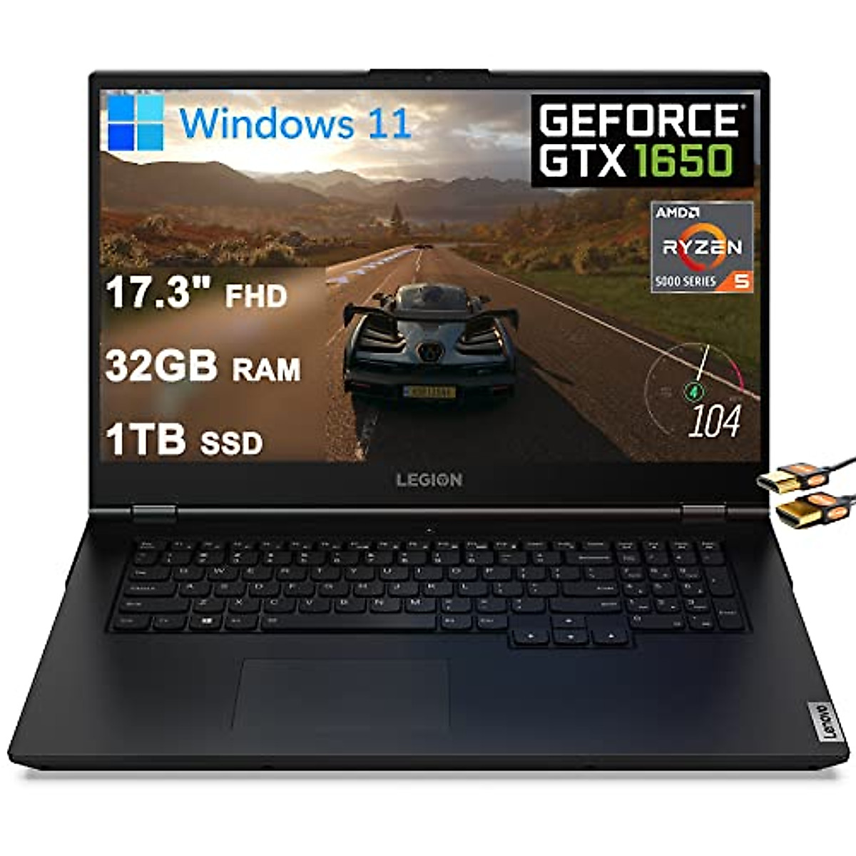 Lenovo Legion 5 17 Gaming Laptop 17.3" FHD IPS Display AMD Hexa-Core Ryzen 5 5600H (Beats i5-10400H) 32GB RAM 1TB SSD GeForce GTX 1650 4GB Backlit USB-C Nahimic Win11 + HDMI Cable