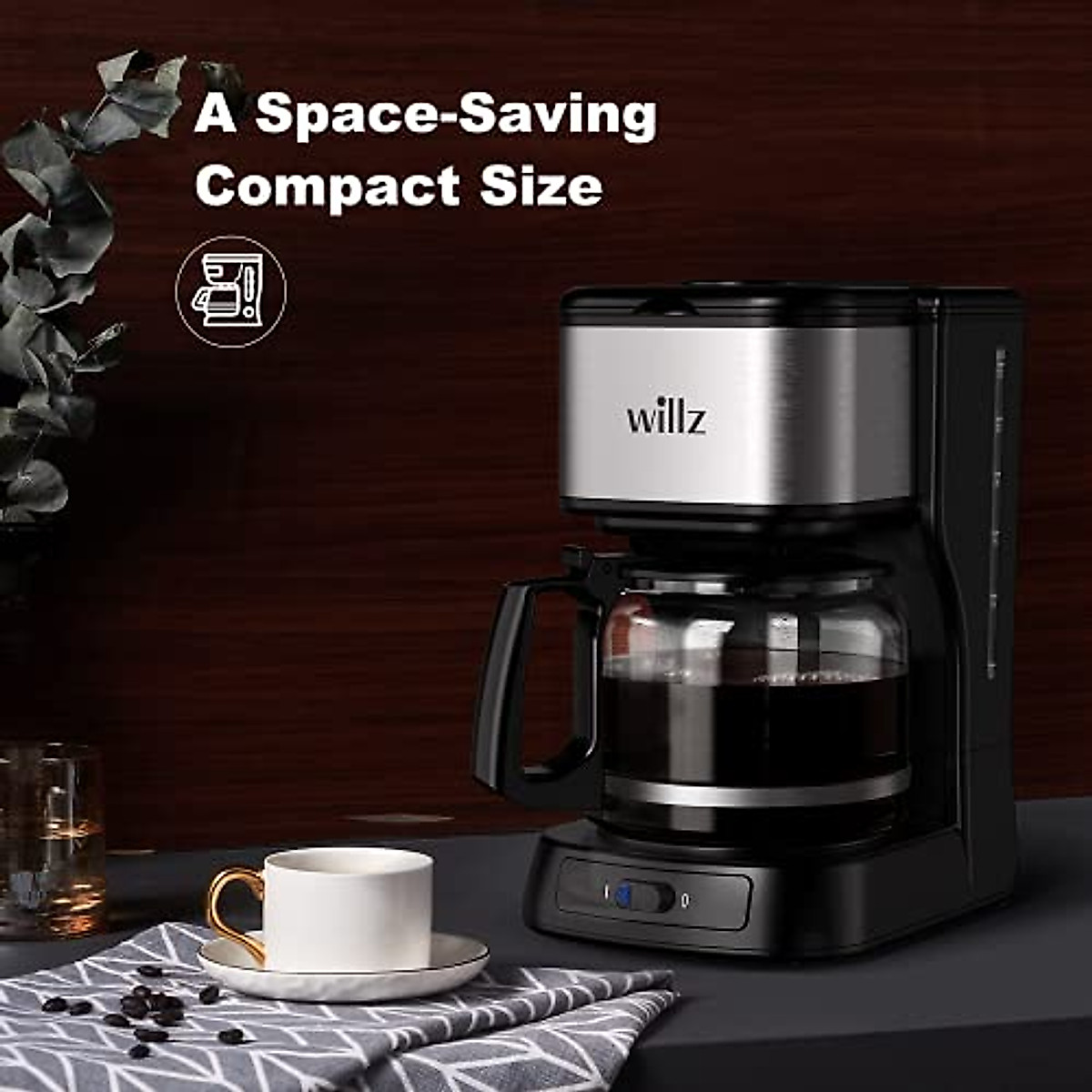 Willz 12-Cup Drip Coffee Maker with Reusable Filter & Coffee Scoop, Large Capacity, Black with Stainless Steel Trim