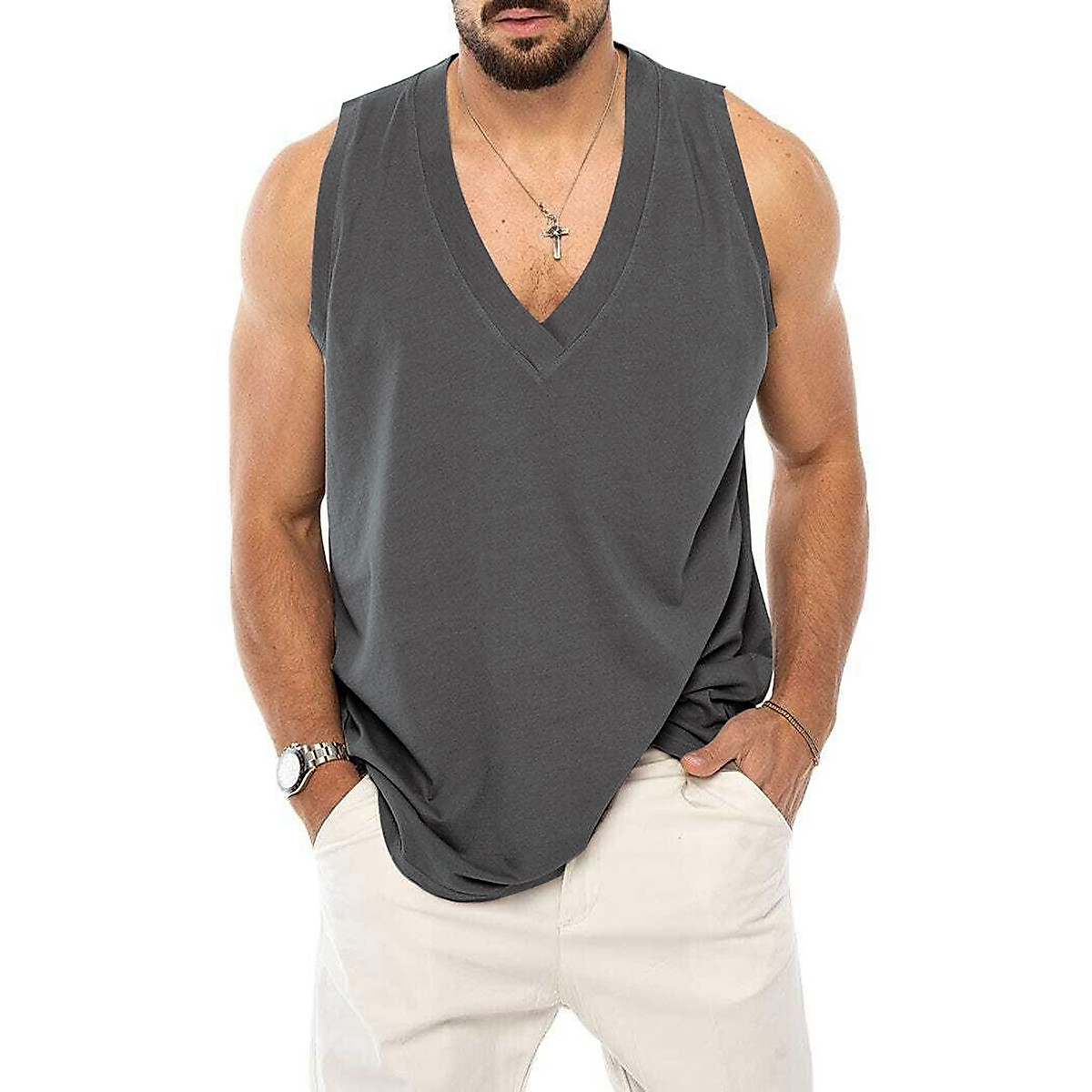 Dry Fit Muscle Shirts for Men Deep V Neck Tank Top Mens Athletic Tank Top Loose Fit Casual Sport Shirts Dark Gray XL