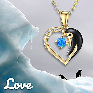 WSX 14k Gold Penguin Love Necklace October Birthstone Blue Opal Round CZ Heart Pendant Birthday Gift for Women Girlfriend Daughter