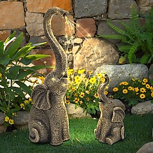 IVCOOLE Garden Statues Elephant Decor with LED Solar Lights - Set of 2 Good Luck Christmas Elephant Gifts for Women,Outdoor Statues Yard Decor for Patio,Porch,Home - Unique Housewarming Gifts