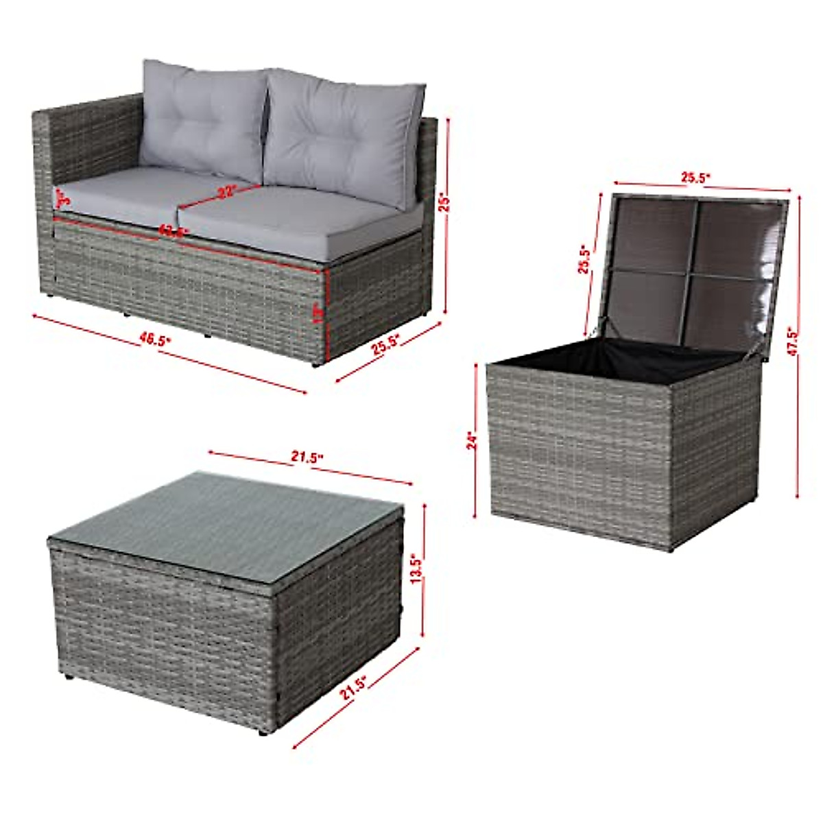 GODAFA 4-Piece Outdoor Patio Furniture Set-All-Weather PE Rattan Sectional Sofa with Storage Box-Perfect for Backyard, Porch, and Poolside, 1, Gray