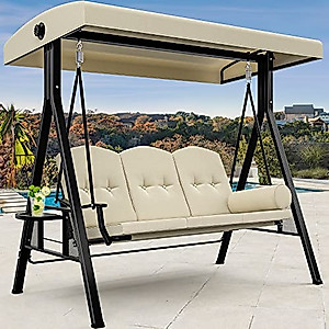 YITAHOME 3-Seat Deluxe Outdoor Porch Swing Large Patio Swing Chair with Weather Resistant Steel Frame, Removable Cushion & Pillow Suitable for Garden, Poolside, Balcony (Beige) (MAYIH0000021MA)