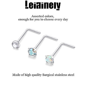 Leiainely 22g 22 g Gauge Thin Nose Rings Studs Piercings Aretes Para La Nariz for Women Men 2mm Gems L Shape Shaped Nostril Jewelry Hypoallergenic Surgical Stainless Silver Steel