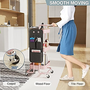 DTK 3 Tier Metal Utility Rolling Cart with Table Top and Side Bags, Metal Tray Storage Organizer Cart with Wheels, Art Craft Cart with 4 Hooks for Kitchen Bathroom Office Living Room (Pink)