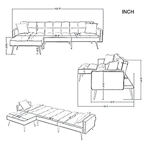 FREESNOOZE 107'' Convertible L-Shaped Velvet Sleeper Sofa Bed Living Room Sectional Sofa with Removable Ottoman and Tapered Metal Legs, Black