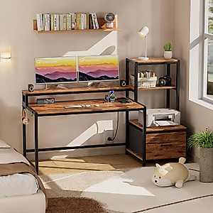 GreenForest Office Desk with Power Outlets and Printer Shelf, 68.8 inch Computer Desk with LED and Drawer, Reversible Gaming Desk with Storage for Home Study Working,Walnut