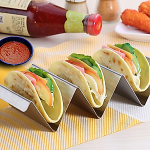 RHBLME 6 Pack Taco Holders, Stainless Steel Taco Tray with Handle, Stylish Taco Shell Holders for 3 Tacos, Use as a Taco Rack to fill Tacos with Ease - Safe for Dishwasher, Oven and Grill