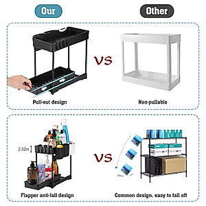 Pearabbit Under Sink Organizer and Storage, 2 Pack 2 Tier Bathroom Restroom Kitchen Cabinet Shelf with 6 Cup 8 Hooks Multi-purpose Cleaning Supplies Organizer