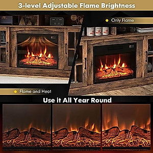 COSTWAY Electric Fireplace TV Stand for TVs Up to 65 Inches, 1400W Heater Insert with Remote Control, 6H Timer, 3-Level Flame, Overheat Protection and CSA Certification, Adjustable Shelves, Brown