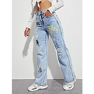 Floerns Women's Pattern Printed High Waist Wide Leg Straight Denim Jeans Pants Blue M