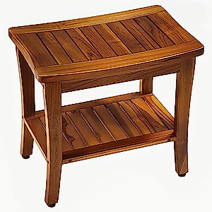Rose Home Fashion Teak Shower Bench, Teak Shower Stool with Storage Shelf, 20" Waterproof Shower Chair for Bathroom, Portable Wooden Spa Bath Seat, Indoor and Outdoor Use, Shower Bench for Elderly