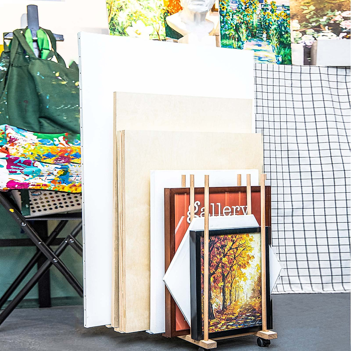 Large Art Storage Rack with Four Caster Wheels - Wooden Canvas Storage Stand Can Well Hold Up to 60" Drawing Boards, Prints, Panels, Paintings, and Artworks Display