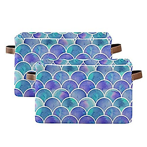 Mazeann Watercolor Rainbow Scales of Mermaid Storage Basket Bin Collapsible Foldable for Clothes Toys Storage Cabinets Waterproof Storage Box 15 x 11 x 9.5 inches, Teal Purple and White, 2PCS